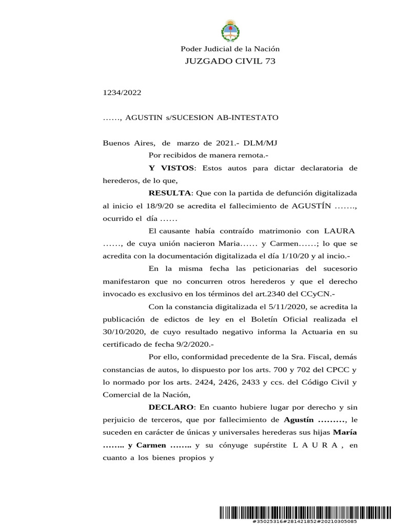 Declaratoria de Herederos Modelo | PDF