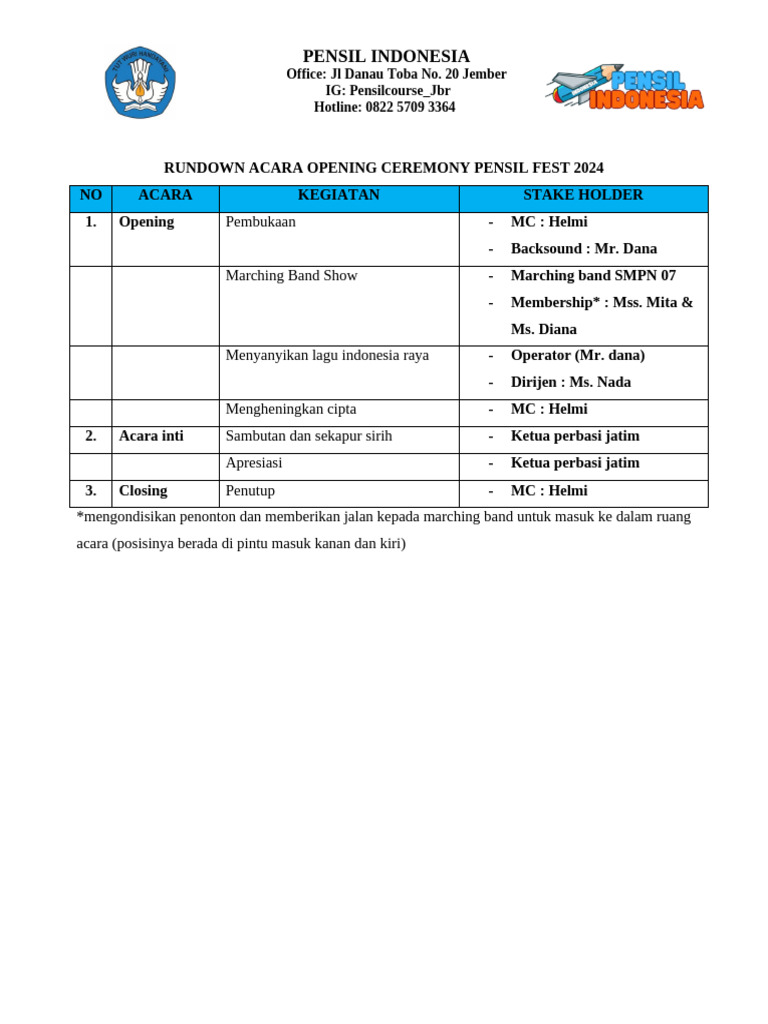 Rundown Acara & Teks MC Opening Ceremony Pensil Fest 24 | PDF