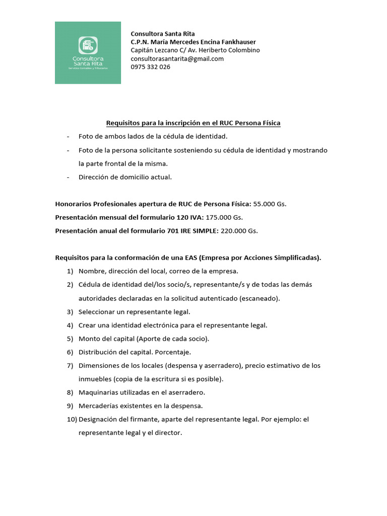 Requisitos para La Inscripción en El RUC Persona Física y EAS | PDF