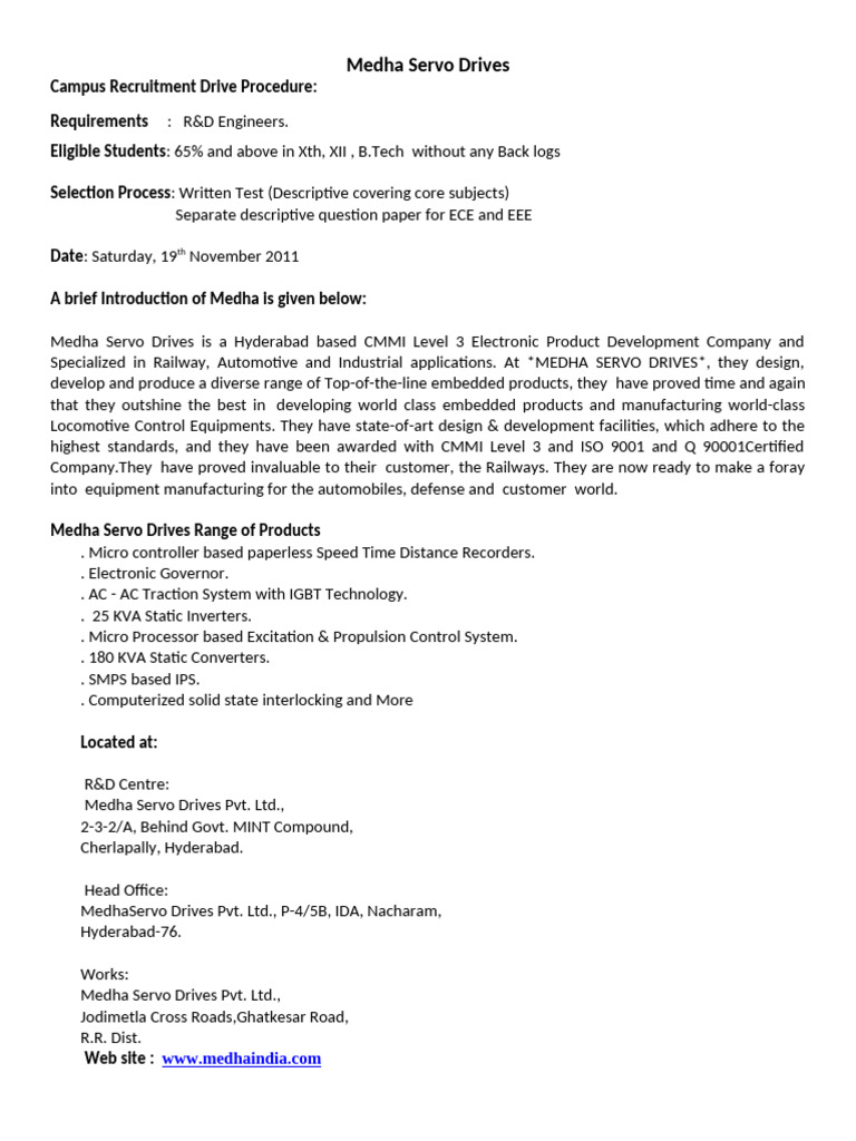 Medha Servo Drives - Campus Recruitment Drive Details | PDF