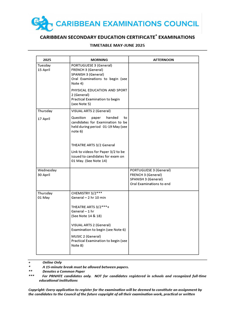 CSEC Exam Timetable May-June 2025 | PDF | Science | Engineering