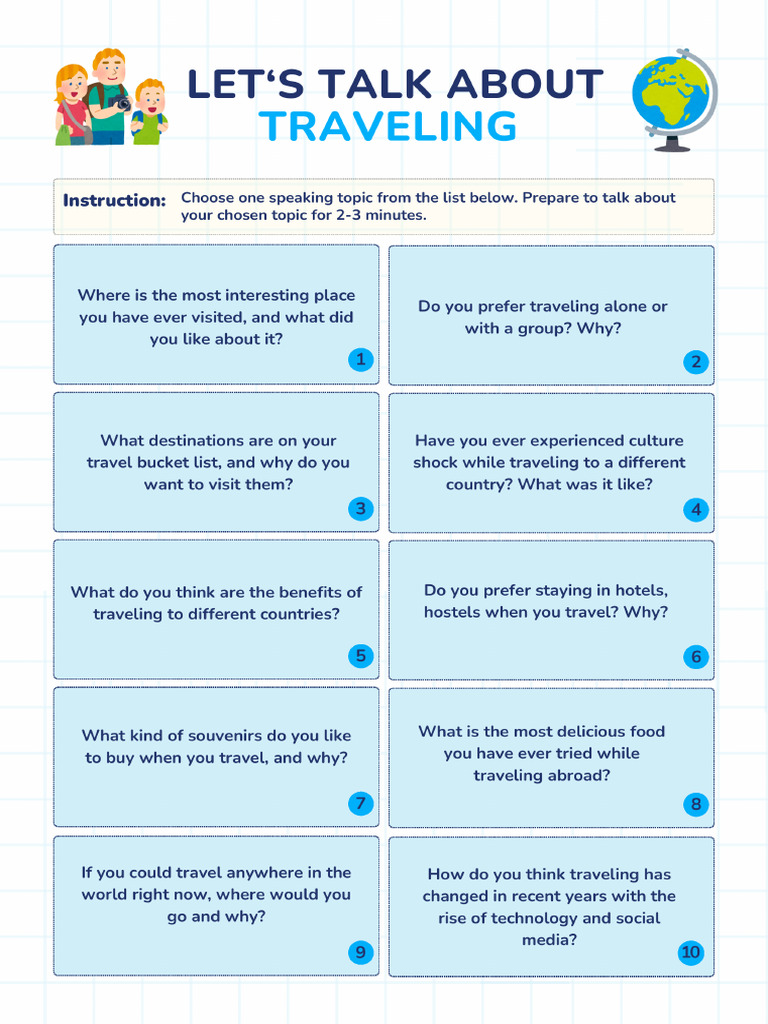 Traveling Speaking Activity Worksheet Blue in Cute Style | PDF