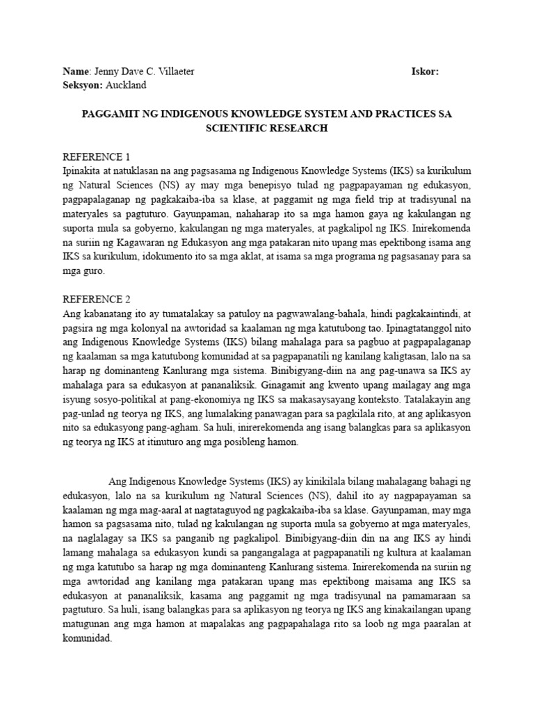 Name Iskor: Seksyon: Paggamit NG Indigenous Knowledge System and Practices Sa Scientific ...