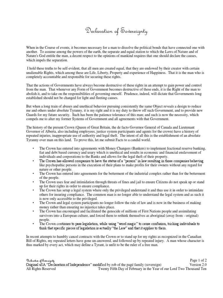Declaration of Sovereignty v.2.0 | PDF | Natural And Legal Rights ...