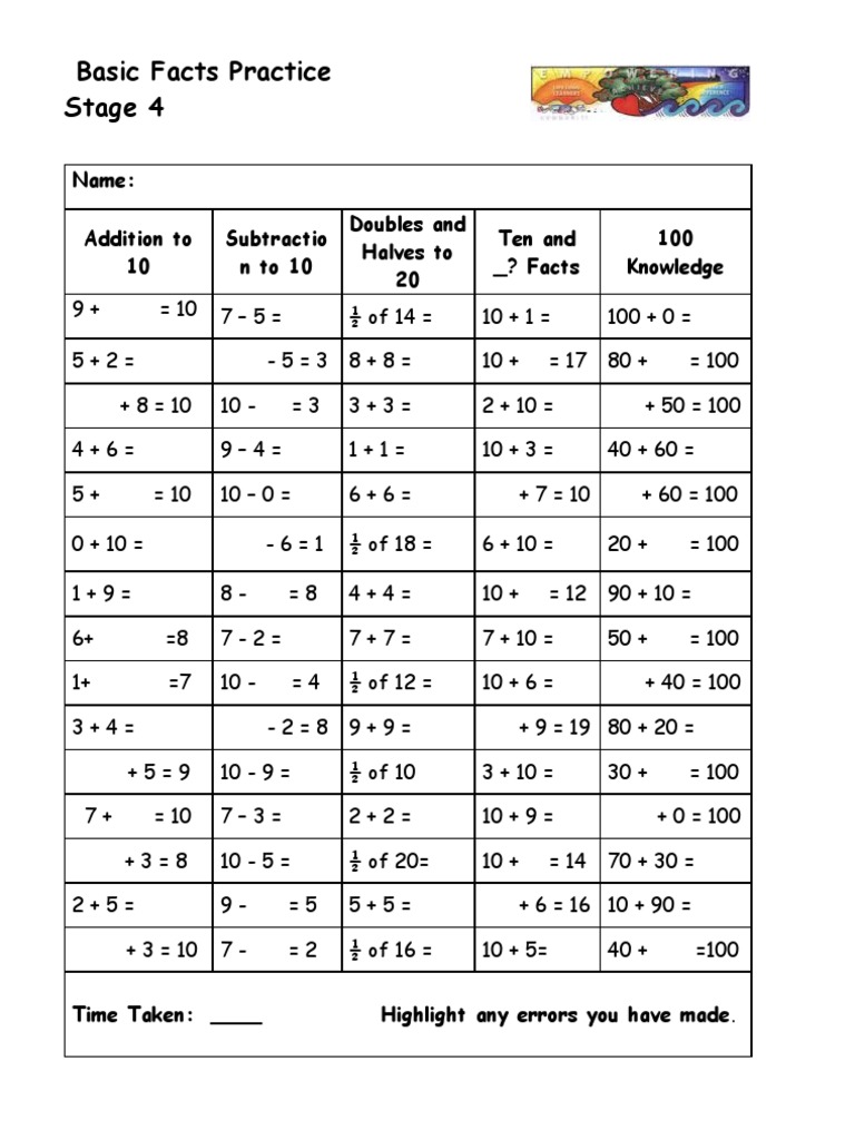 Stage 4 Basic Math Facts Practice | PDF