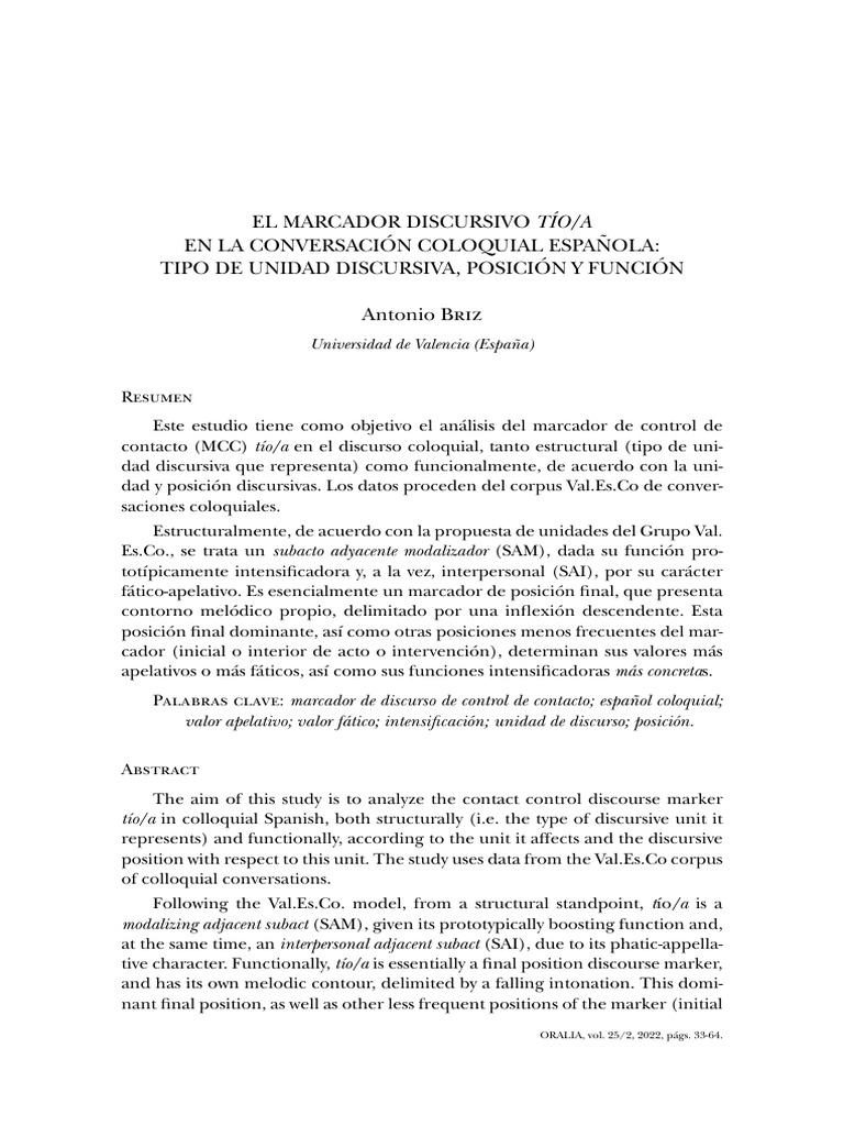 El Marcador Discursivo Tíoa en La Conversación Coloquial Española Tipo ...