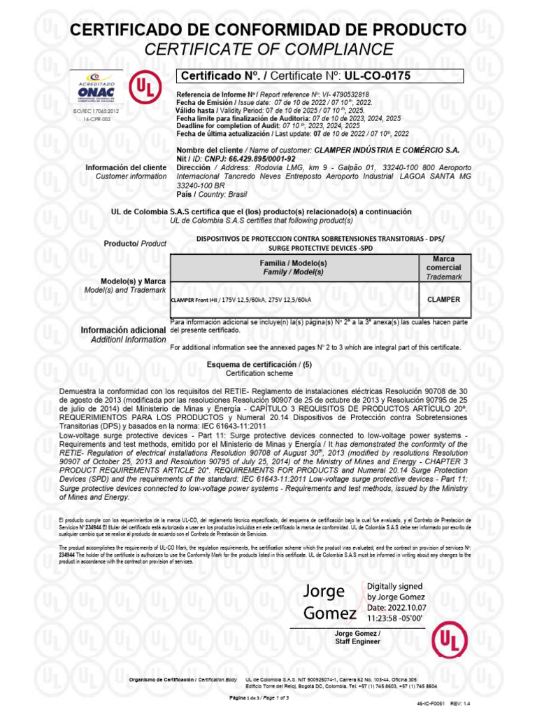 15.2. Certificado-Producto - DPS Clamper | PDF