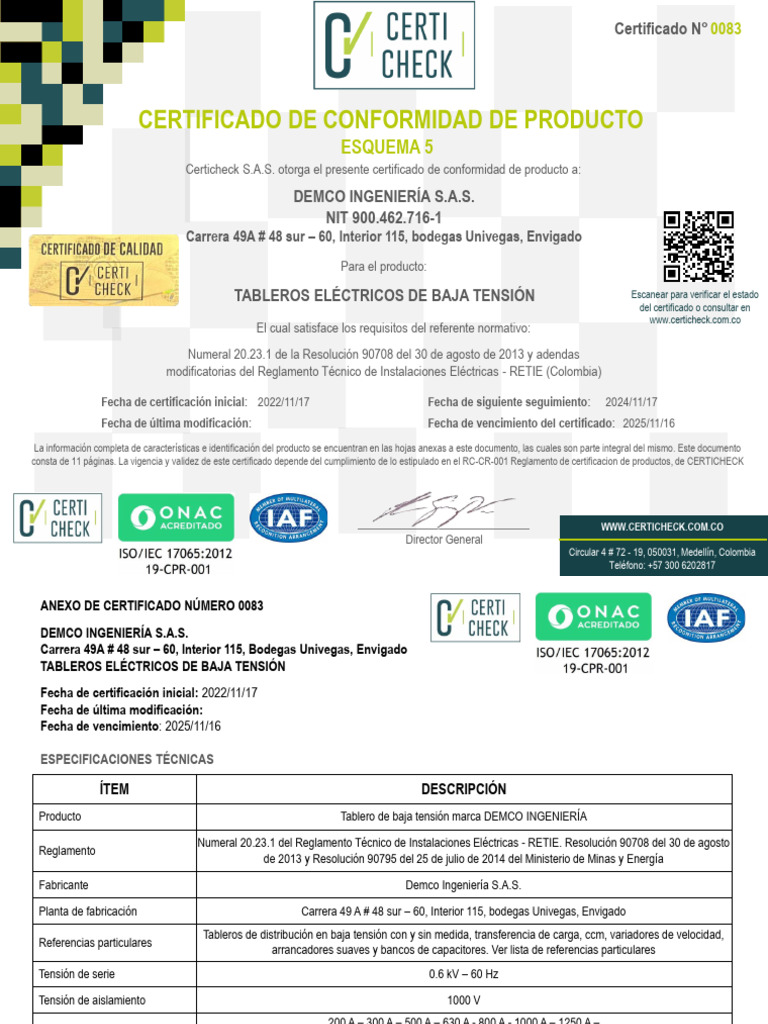 Certificado de Producto - Demco Ingeniería - Tableros | PDF