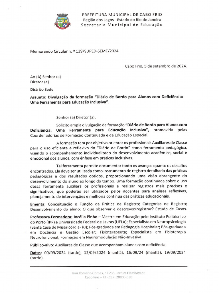 Memorando Circular #129 SUPED SEME 2024 | PDF