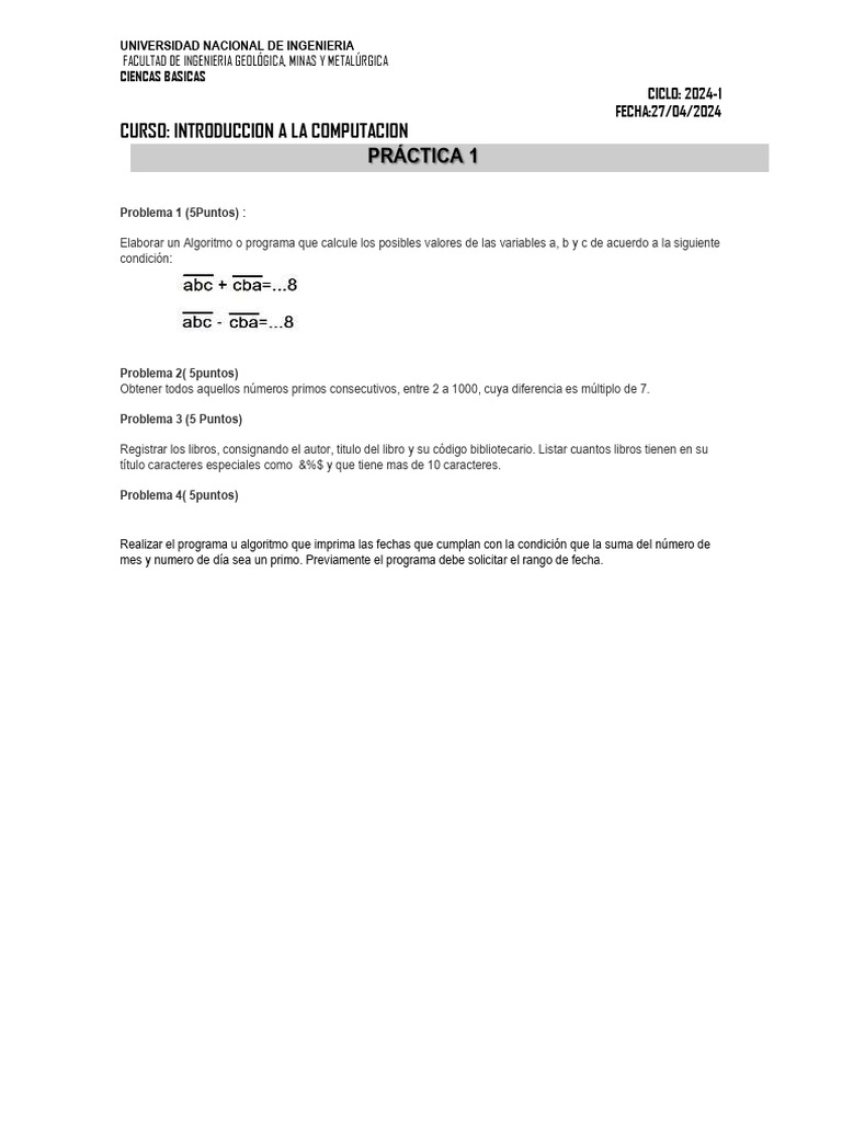 Práctica 1: Curso: Introduccion A La Computacion | PDF