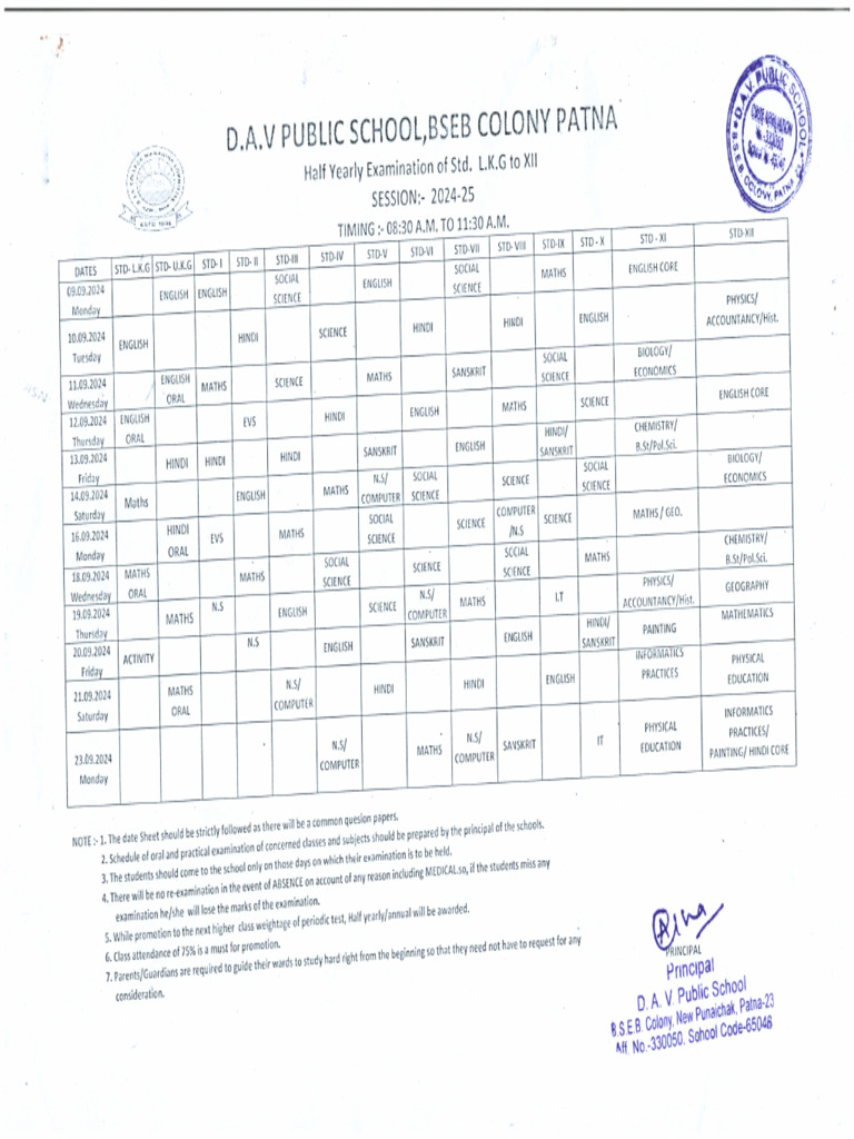Half Yearly Examination Date Sheet | PDF