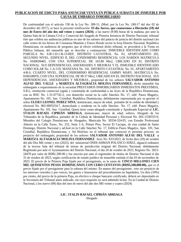 EDICTO PARA ANUNCIAR VENTA EN PUBLICA SUBASTA Maritza de Alfau | PDF