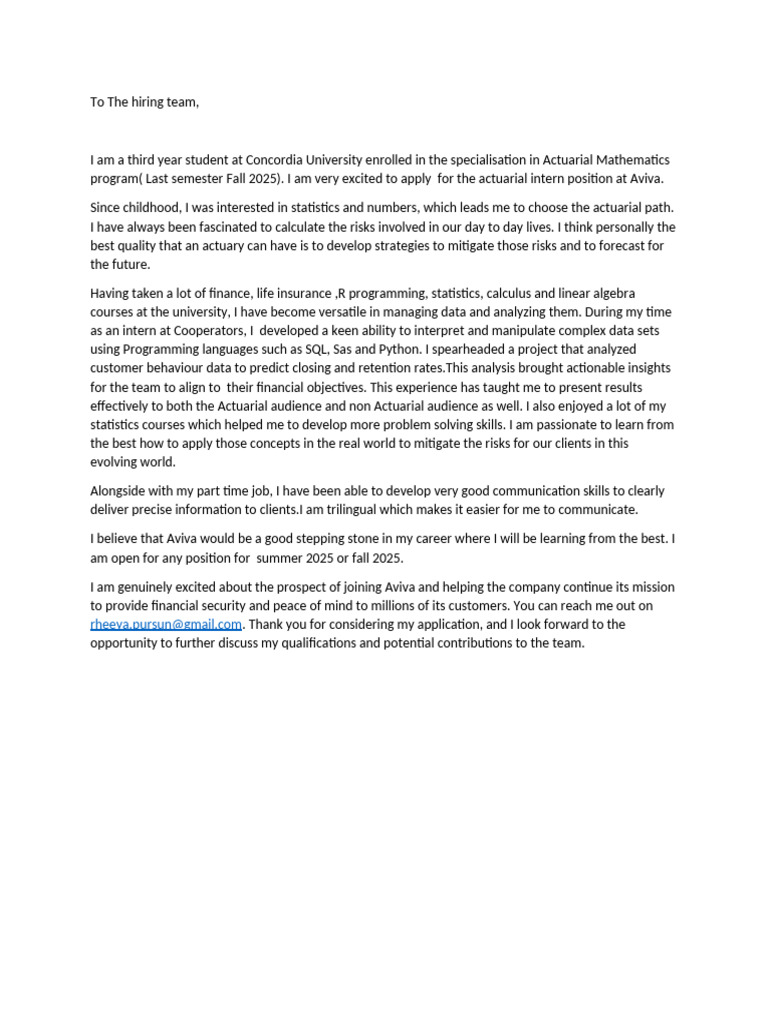 cover letter Aviva | PDF
