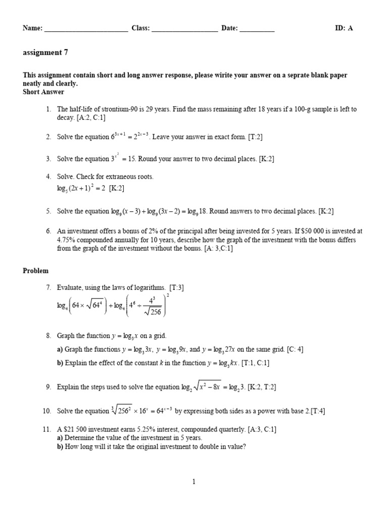 Grade 11 Math Assignment | PDF