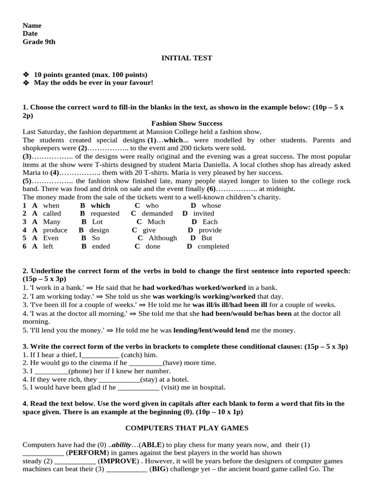Initial Test - 9th Grade (Bilingv) | PDF