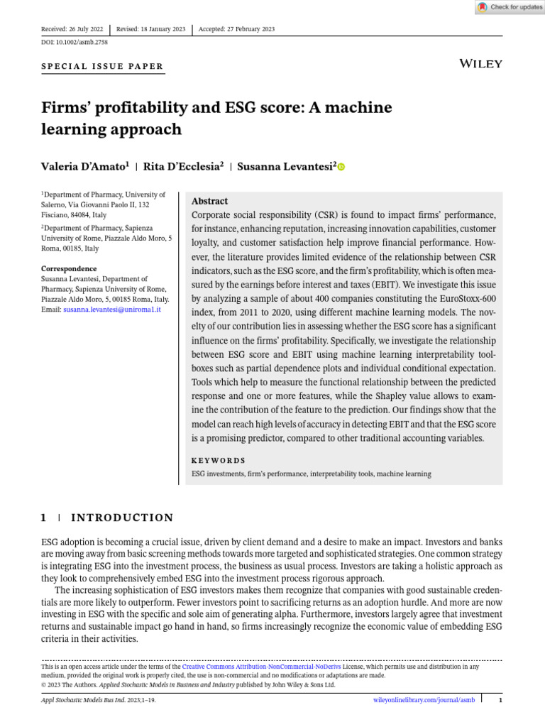 Firms Profitability and ESG Score A Machine Learning Approach | PDF