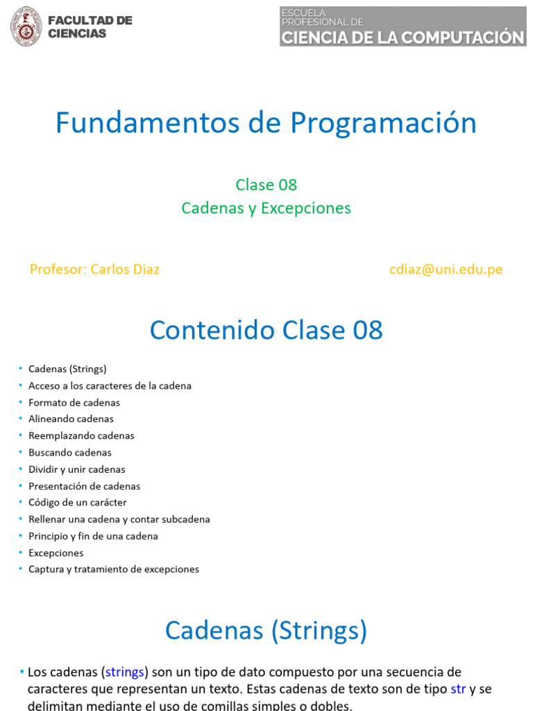 Clase 08 Python UNI 2022-1 - Cadenas y Excepciones | PDF