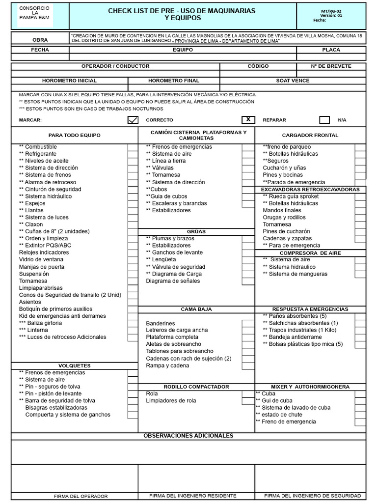 -Formato-Check-List-de-Pre-Uso-de-Maquinarias-y-Equipos | PDF