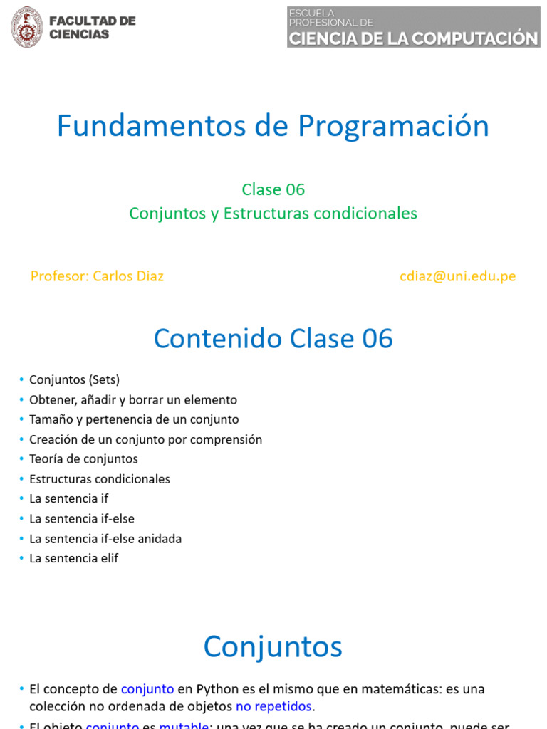 Clase 06 Python UNI 2022-1 - Conjuntos y Estructuras Condicionales | PDF