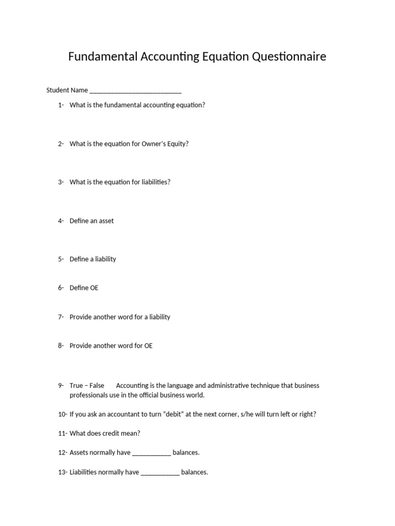 Q1 Fundamental Accounting Equation Questionnaire | PDF
