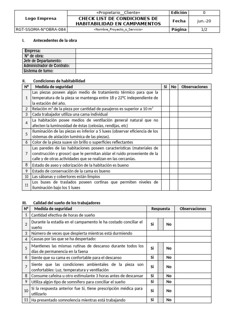 RGT-SSOMA-N°OBRA-084.Check List Condiciones de Habitabilidad - Ed.0 | PDF