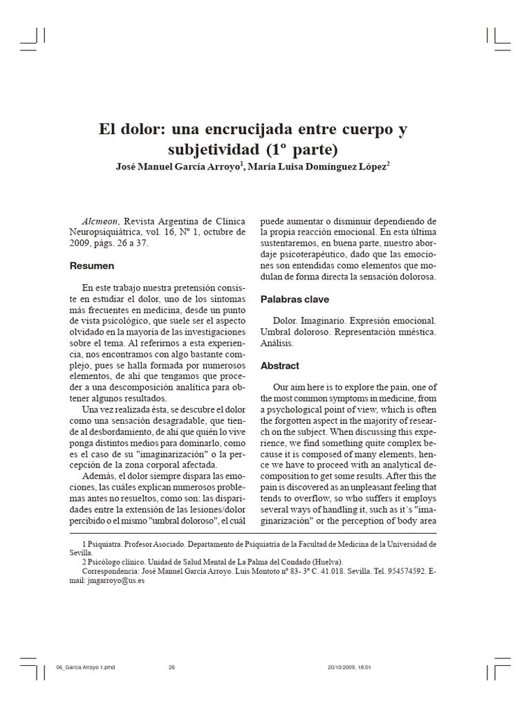El Dolor Una Encrucijada Entre Cuerpo y Subjetividad | PDF