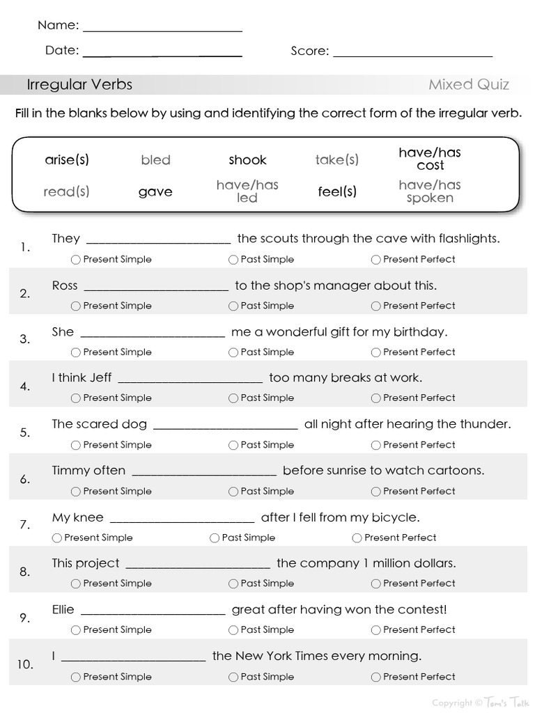 Irregular Verbs Mixed Quiz Incl. Answer Key | PDF