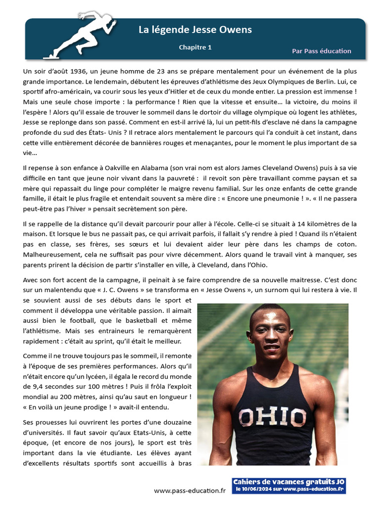 Littérature La Légende Jesse Owens 5ème 4ème 2 | PDF