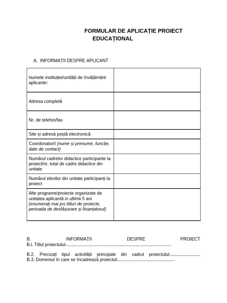 Formular aplicație proiect educațional | PDF