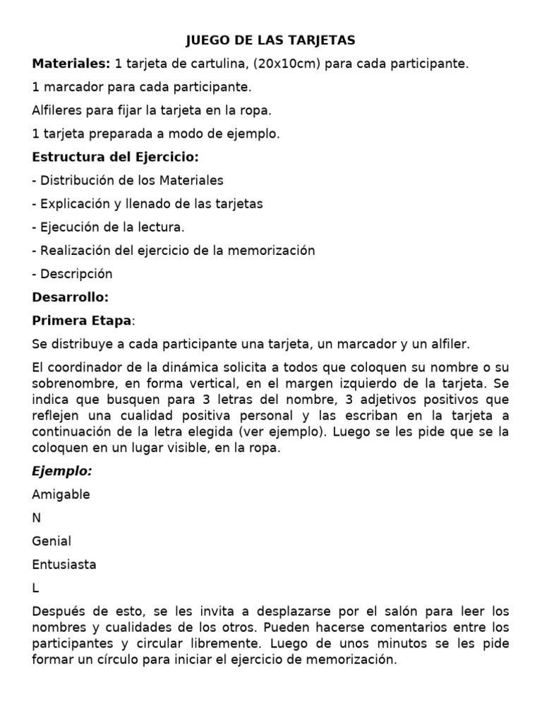 Anexo #1 JUEGO DE LAS TARJETAS | PDF