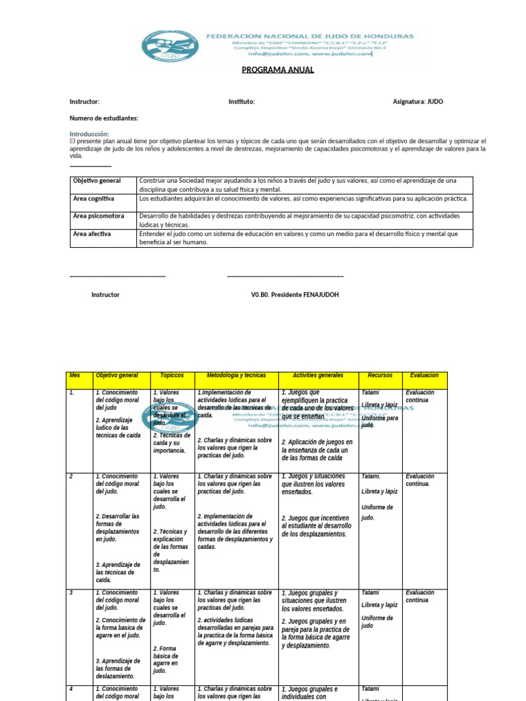 PROGRAMA ANUAL - JUDO - SCHOOLS Ejemplo | PDF