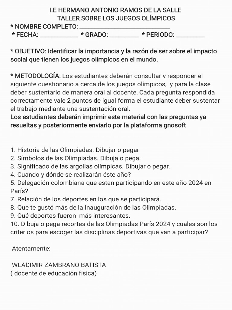 Taller Sobre Los Juegos Olímpicos 2024 | PDF