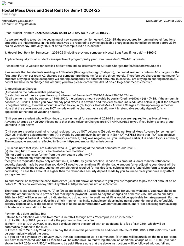 Gmail - Hostel Mess Dues and Seat Rent For Sem-1 2024-25 | PDF