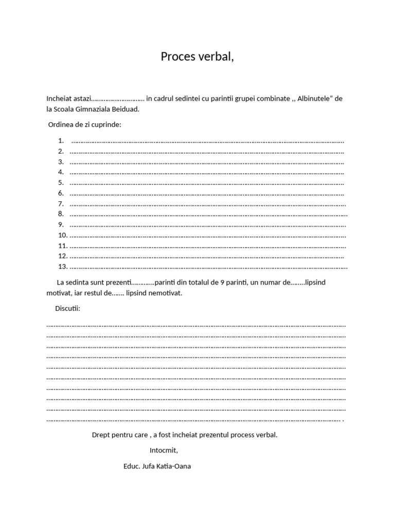 Proces Verbal Sedinta Cu Parintii Ineput An Scolar | PDF