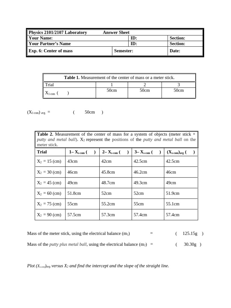Center of Mass - Answer Sheet | PDF