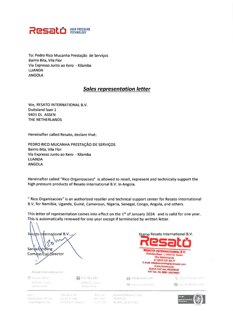 Representation Letter - Rico Organizacoes 2024 Africa Region | PDF