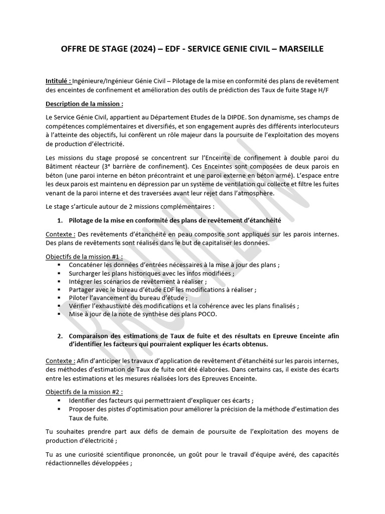 Offre de Stage 2024 - EDF - Service GC - Marseille | PDF