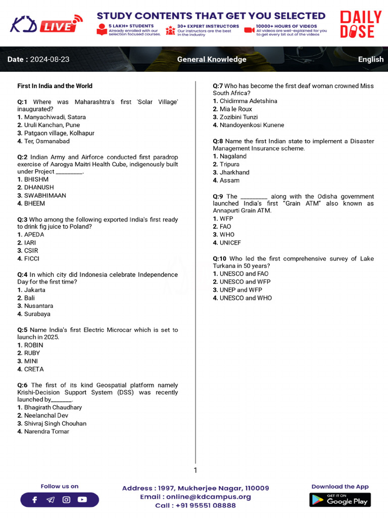 General Knowledge English 2024-08-23 Kdlive | PDF