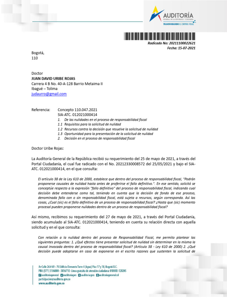 AGR_Concepto_110_47_(De las nulidades en el proceso de responsabilidad fiscal) | PDF