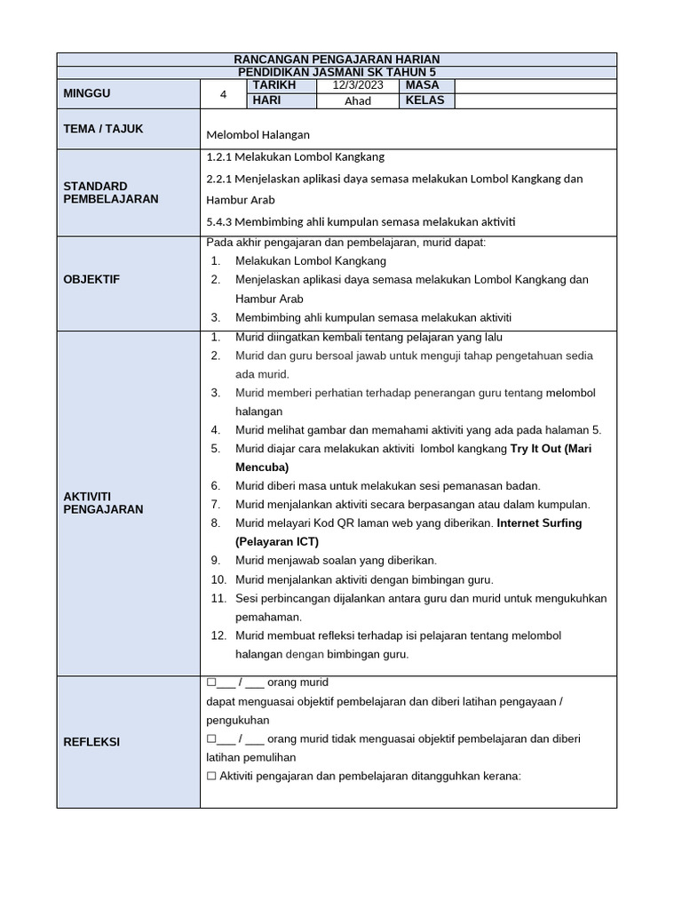 RPH Ringkas Minggu 4 PJ THN 5 by Cikgu Gorgeous | PDF