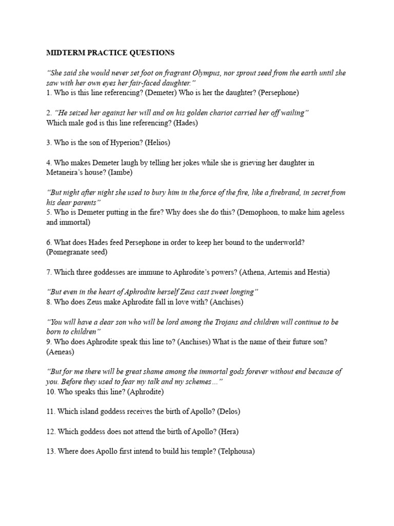 Midterm Practice Questions | PDF | Apollo | Hades