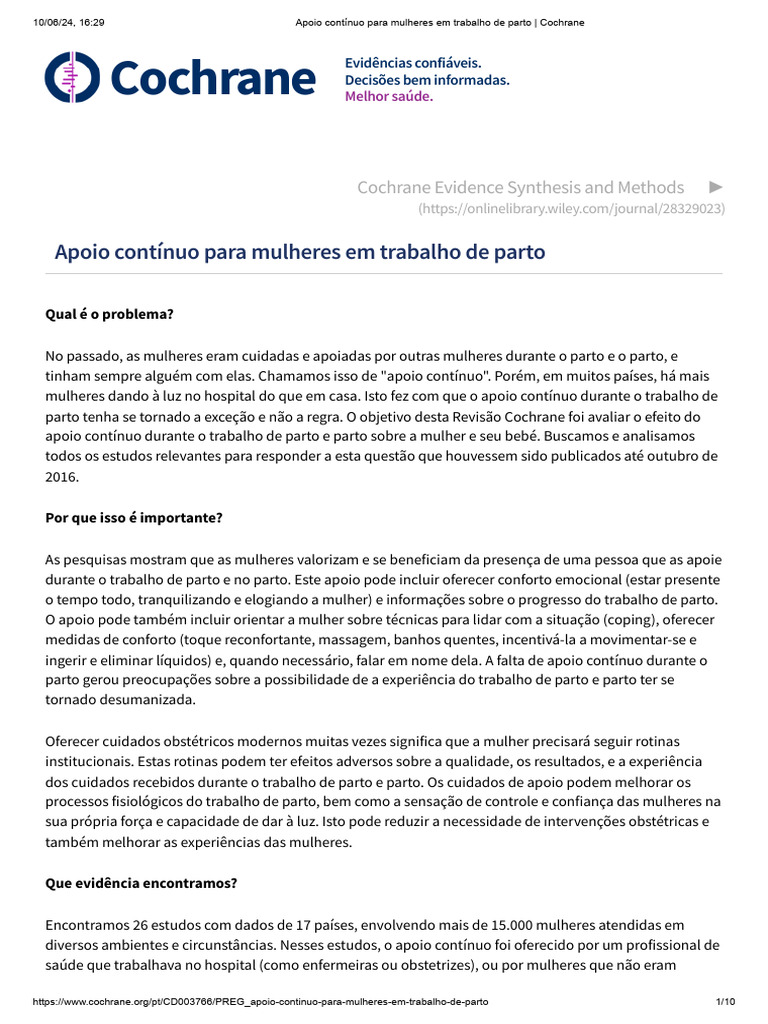 Apoio Contínuo para Mulheres em Trabalho de Parto - Cochrane | PDF