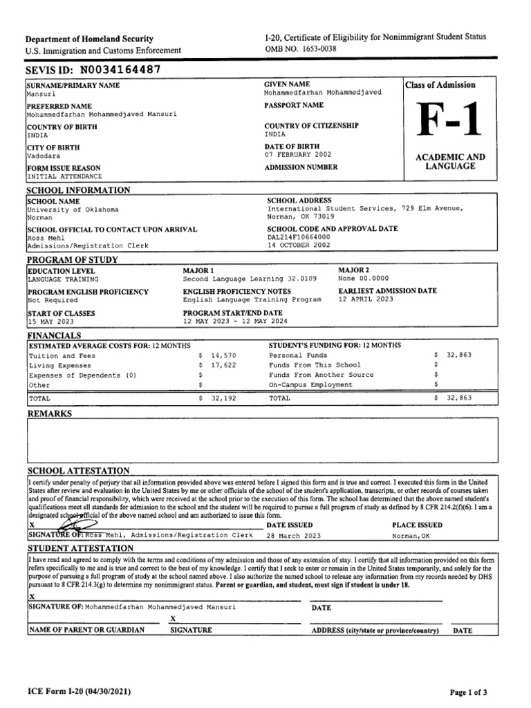 Mansuri, Mohammedfarhan I-20 | PDF