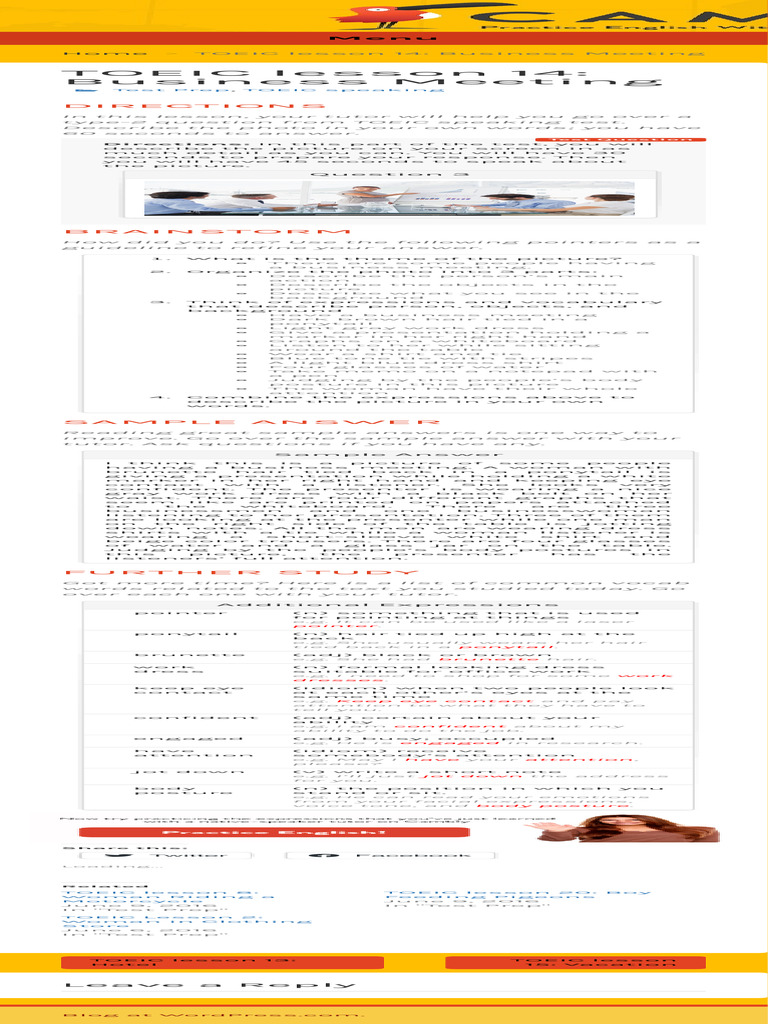 TOEIC Lesson 14 Business Meeting Cambly Content | PDF