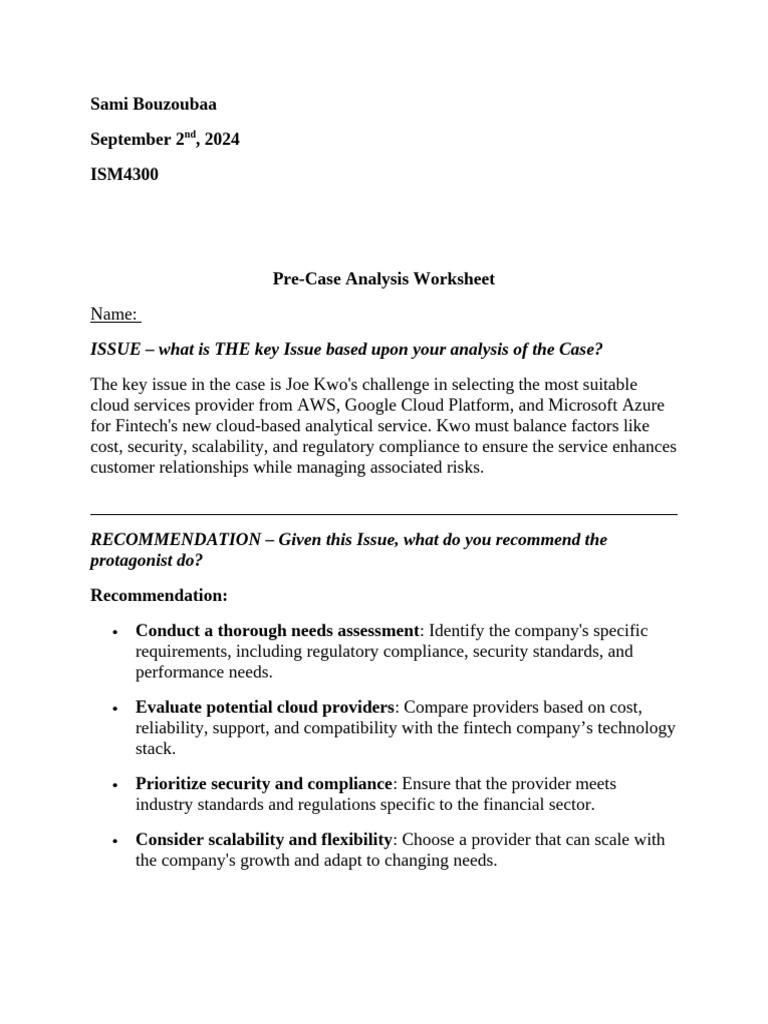 Pre Case Worksheet Sami Bouzoubaa | PDF