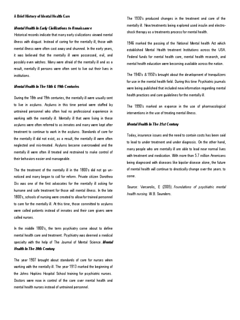 A Brief History of Mental Health Care | PDF | Psychiatric And Mental ...