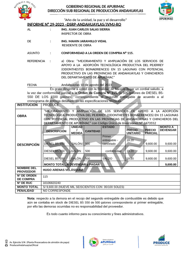 INFORME #18 CONFORMIDAD A COMBUSTIBLE, 500 GAL - Segundo Entregable | PDF