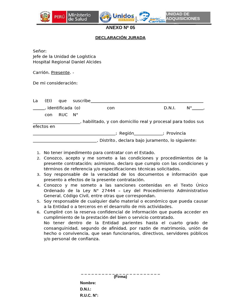 Anexo #05 - Declaración Jurada | PDF