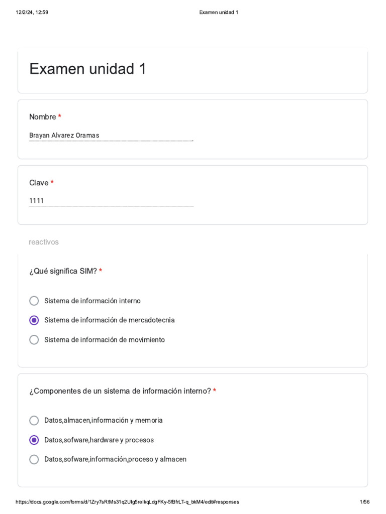 Examen unidad 1 - Formularios de Google | PDF
