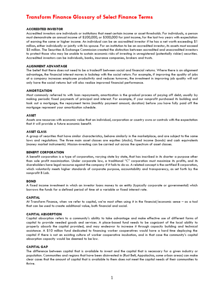 Transform Finance Glossary of Select Finance Terms | PDF